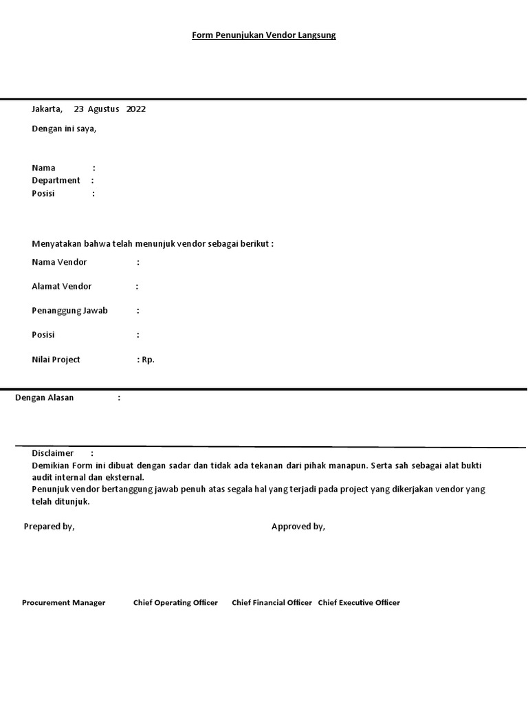 Form Penunjukan Vendor Langsung | PDF
