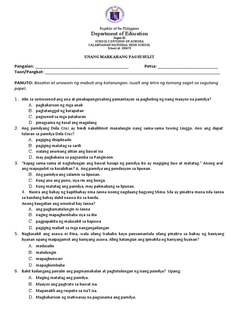 Unang MArkahang Pagsusulit Sa EsP 8 - SY. 2022-2023 | PDF