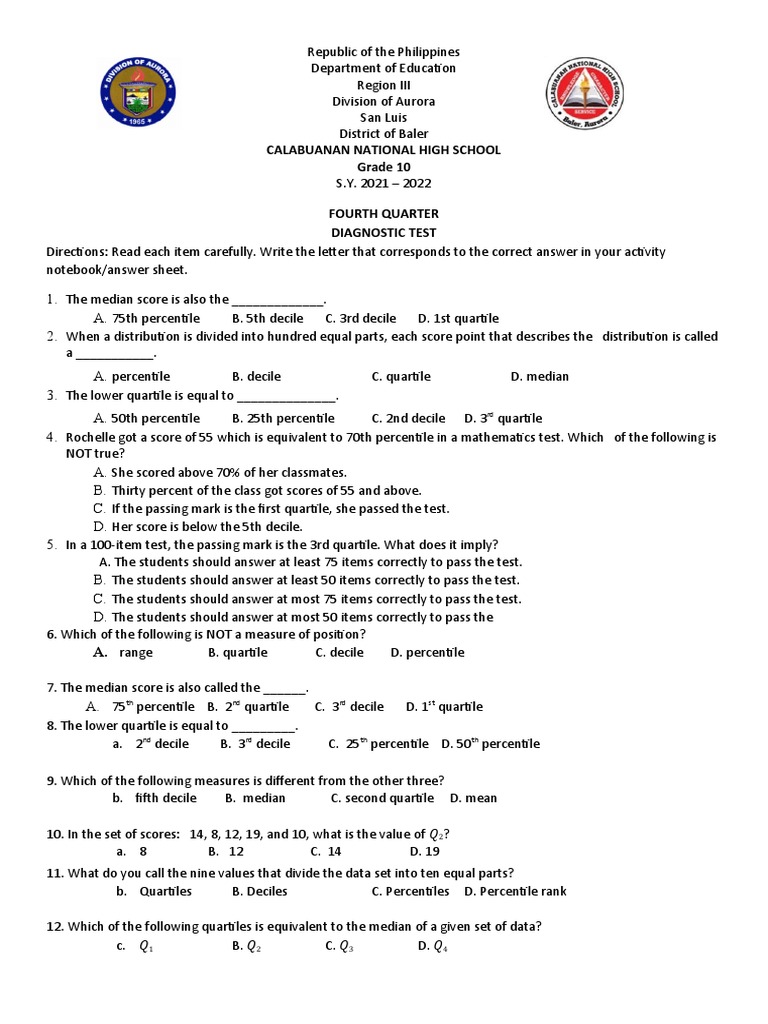 Math - Diagnostic Test - 4th Quarter | PDF | Percentile | Median