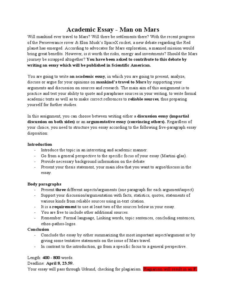 Academic Essay - Man On Mars | PDF | Essays | Mars