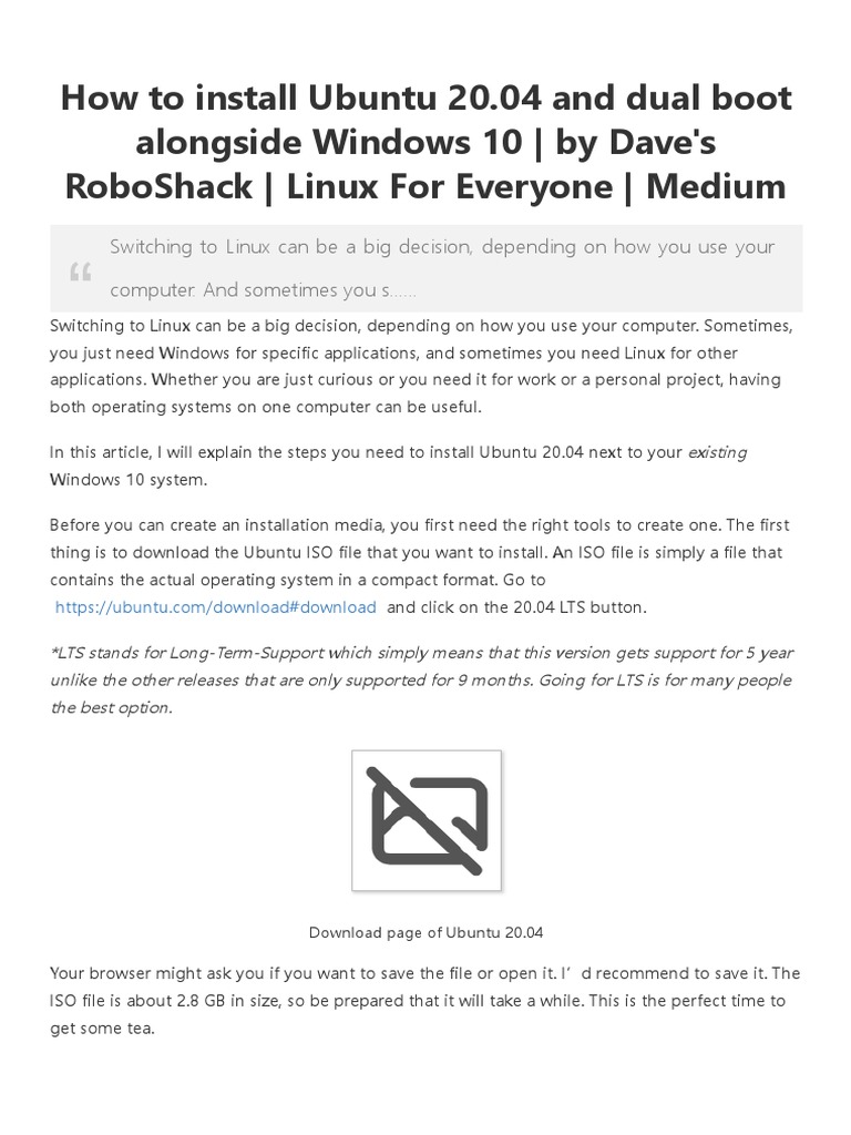 How To Install Ubuntu 20.04 and Dual Boot Alongside Windows 10 - by Dave's RoboShack - Linux For ...