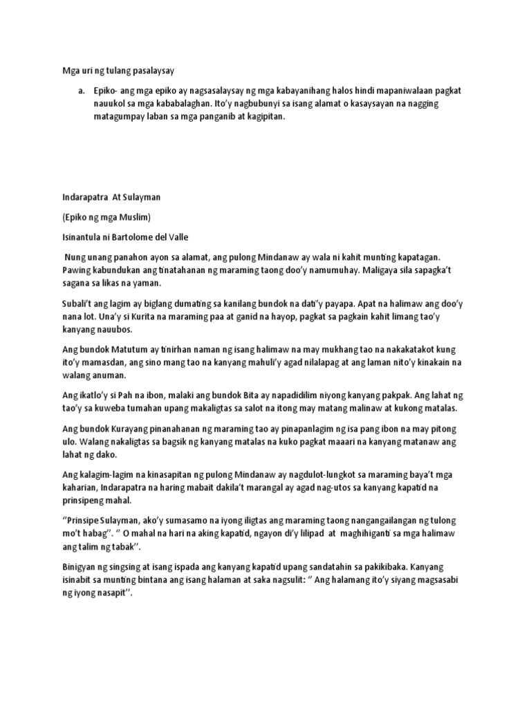 Mga Uri NG Tulang Pasalaysay REPORT | PDF