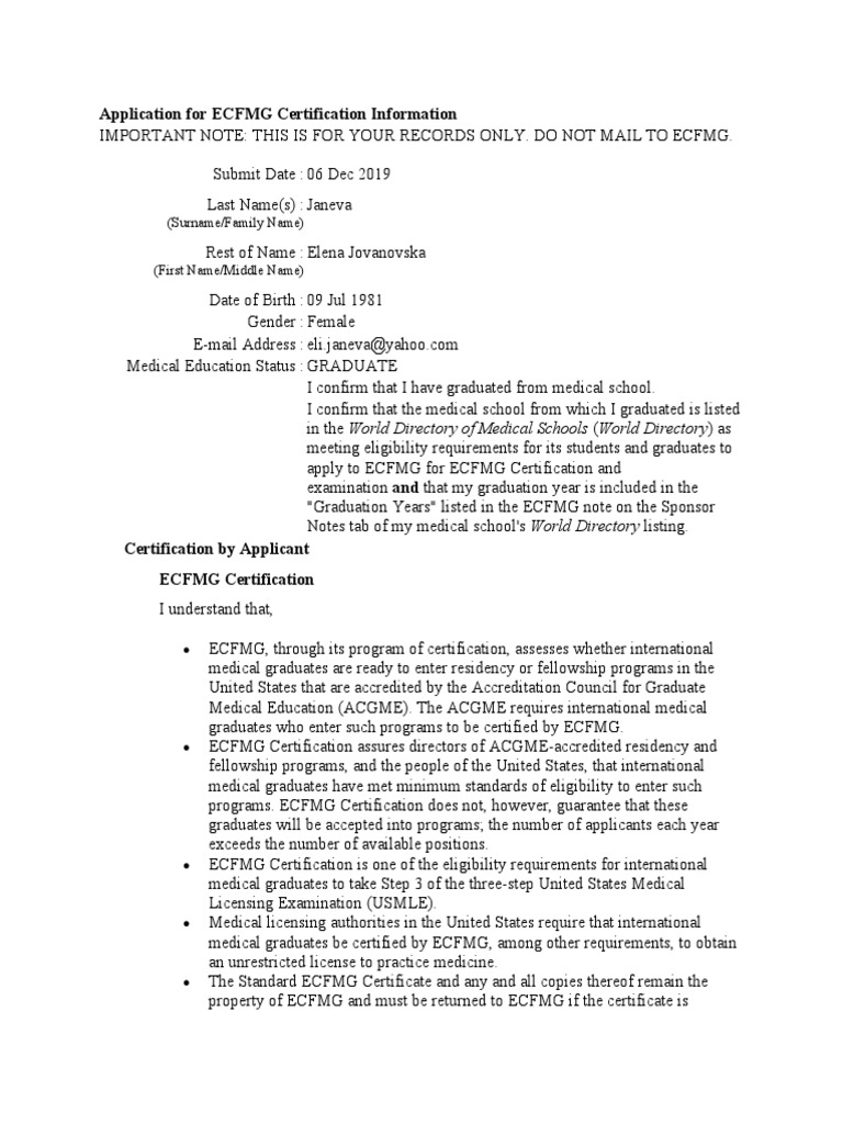Application For ECFMG Certification Information | PDF | Indemnity | Professional Certification