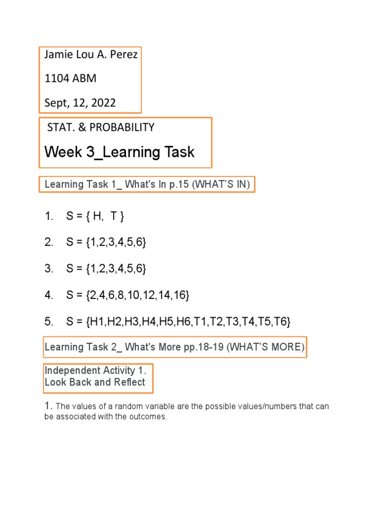 Jamie Lou A. Perez 1104 ABM STAT. & PROBABILITY Week 3 Learning Task | PDF