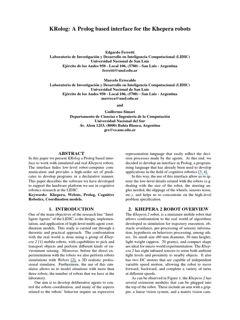 KRolog A Prolog Based Interface For The | PDF | Robot | Robotics