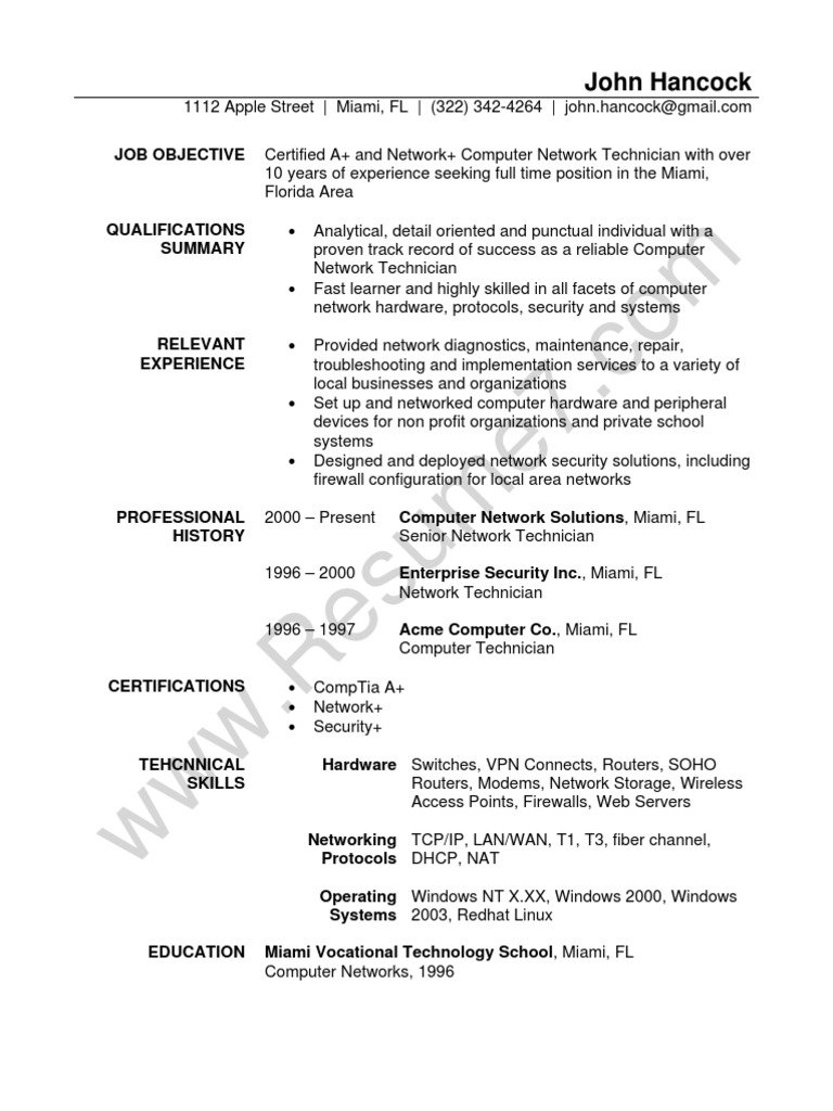 Network Technician Resume Sample | PDF | Local Area Network | Computer ...