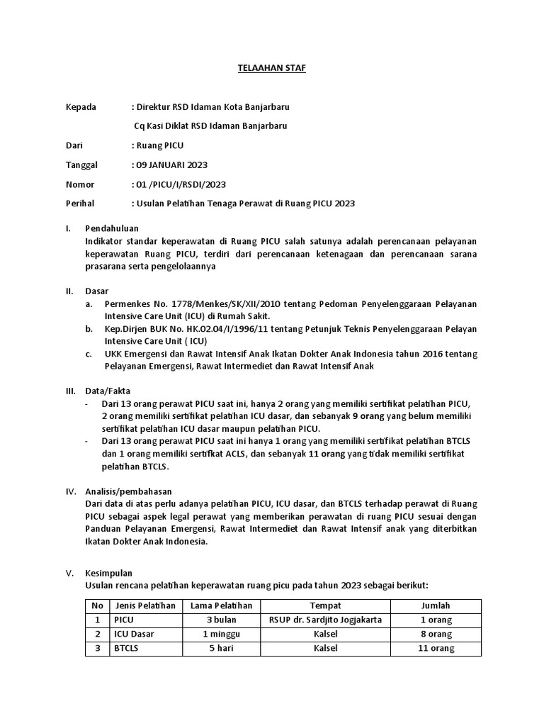 Telaahan Staf Rencana Pelatihan Picu | PDF