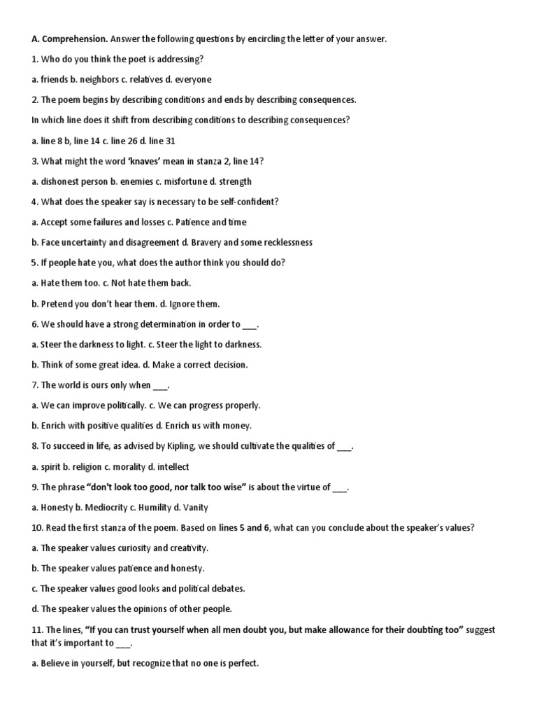 Comprehension Questions for "If" Poem | PDF | Courage