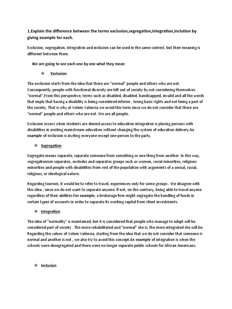 1.explain The Difference Between The Terms Exclusion, Segregation ...