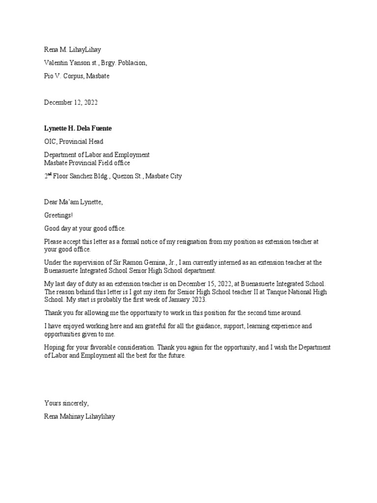 Resignation Letter To DOLE | PDF