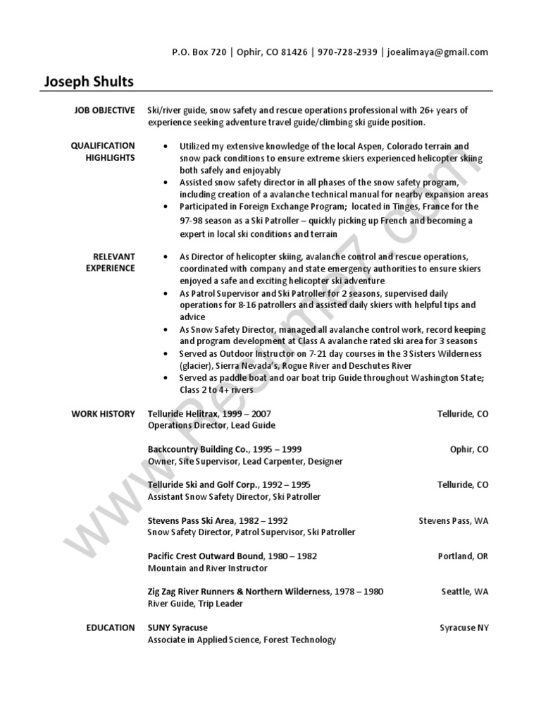 Outdoor / Rescue Operations Resume Sample | Snow | Business