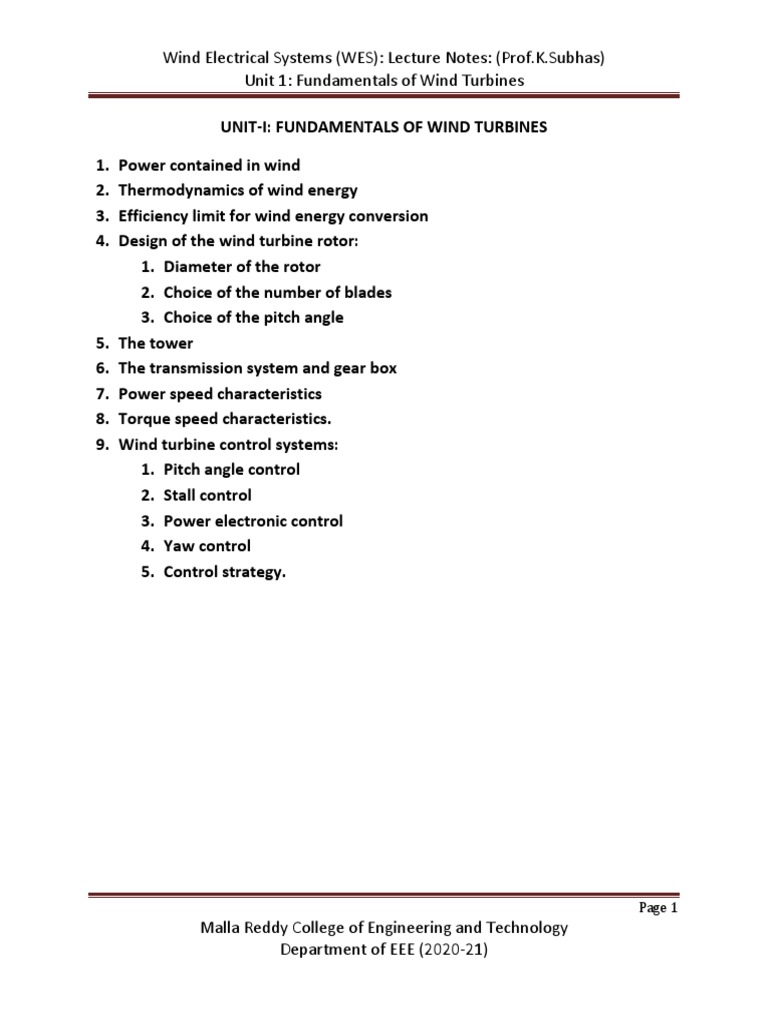 Wind Electrical Systems (WES) : Lecture Notes: (Prof.K.Subhas) Unit 1 ...