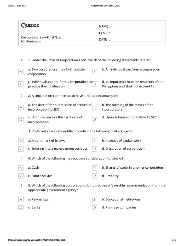 Corporation Law Final Quiz | PDF | Corporations | Stocks