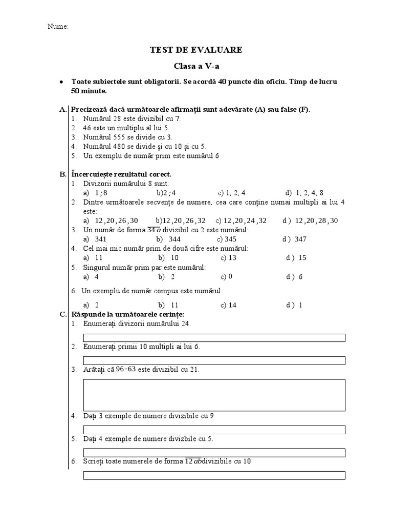 Test Divizibilitate Clasa A 5-A | PDF