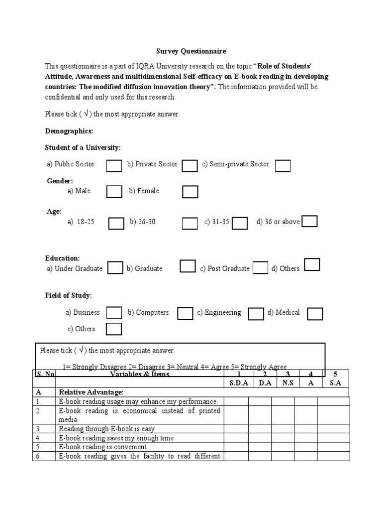 E-book Reading Attitude Survey Questionnaire | PDF | Behavioural ...