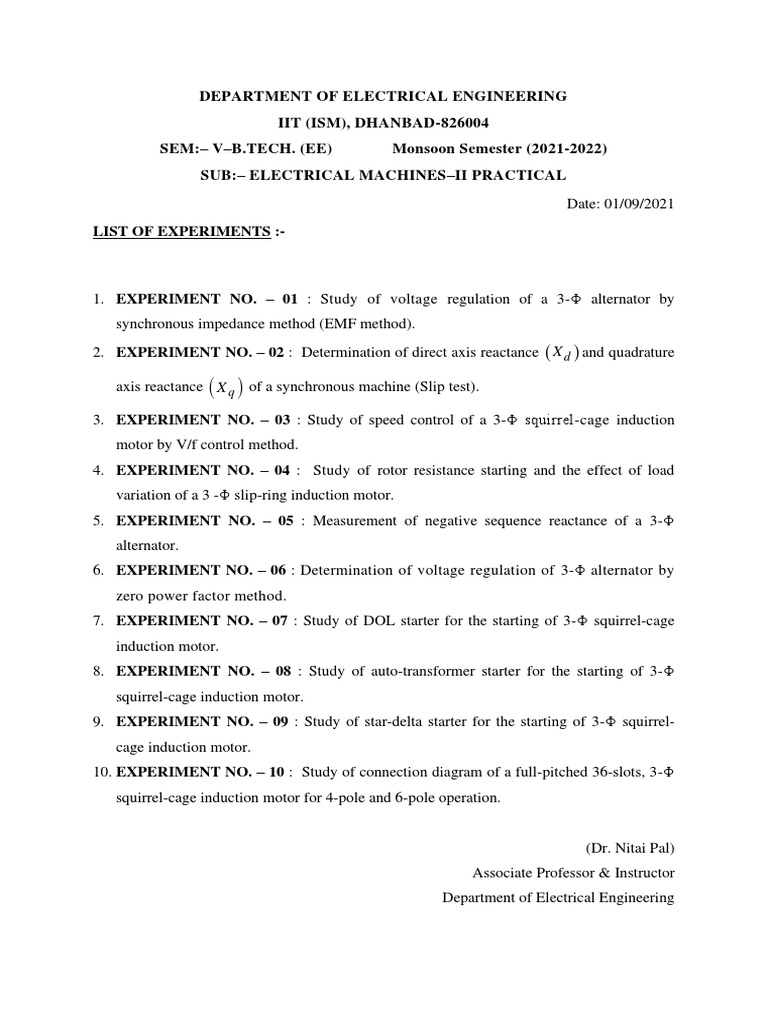 List of Experiments Electrical Machines | PDF