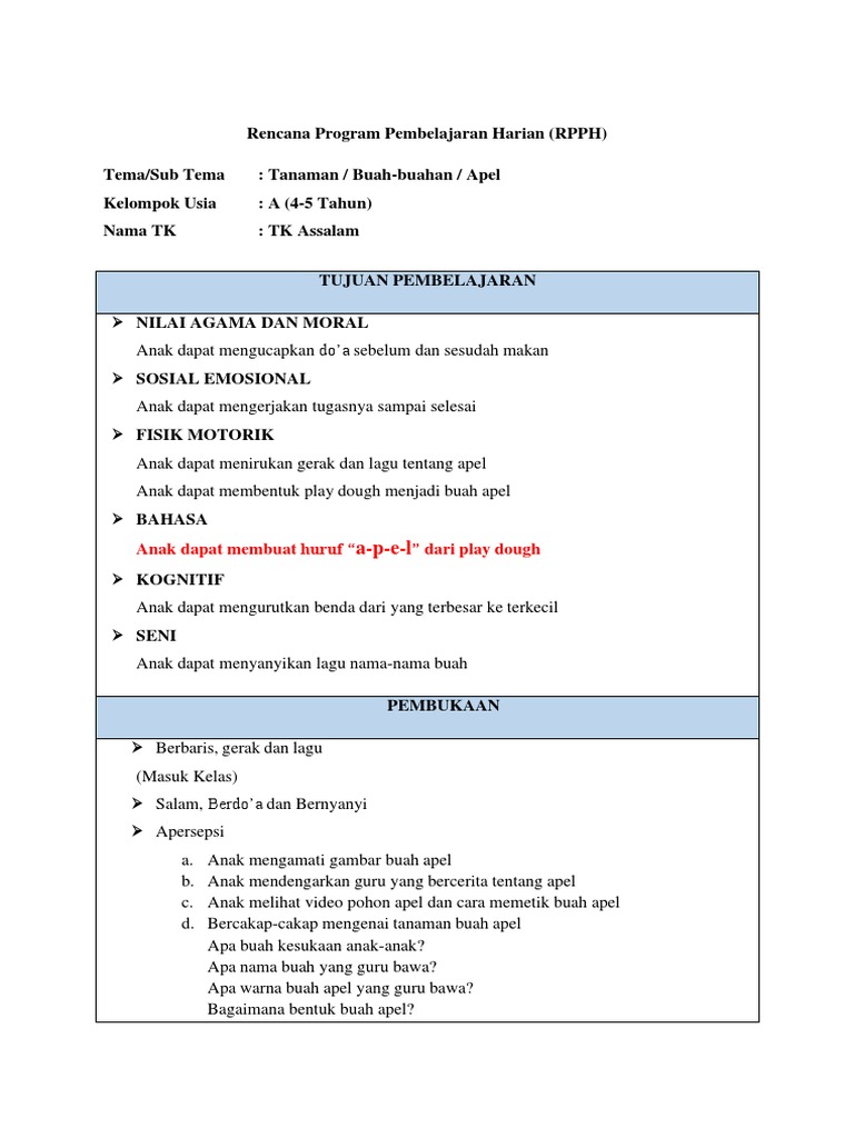 RPPH Tema Tanaman | PDF | Pengembangan Diri