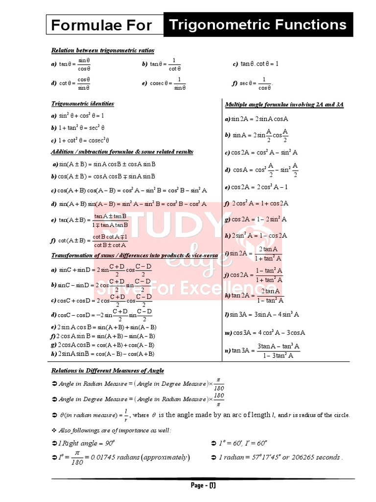 Formulae Trigonometry | PDF | Trigonometric Functions | Trigonometry