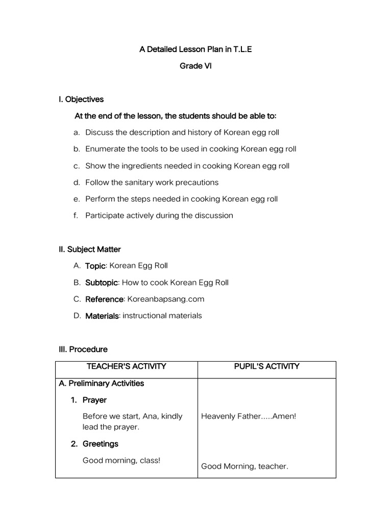 Korean Egg Roll Lesson Plan for Grade VI | PDF