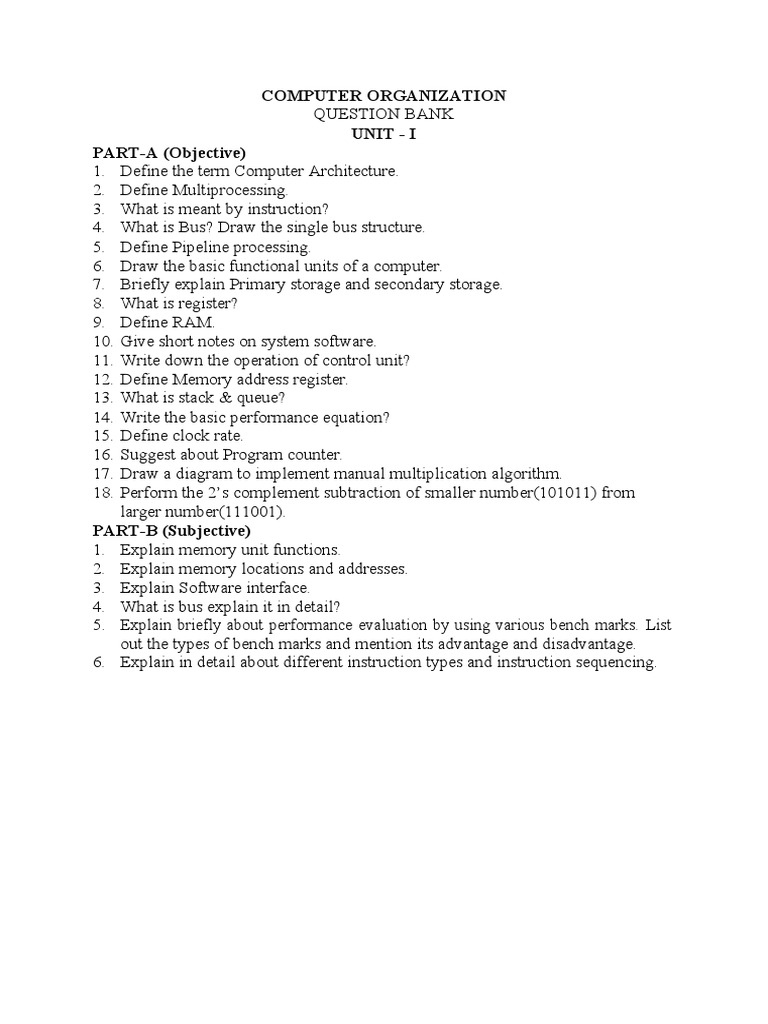 Computer Organization Question Bank Units On Computer Architecture Memory Systems And