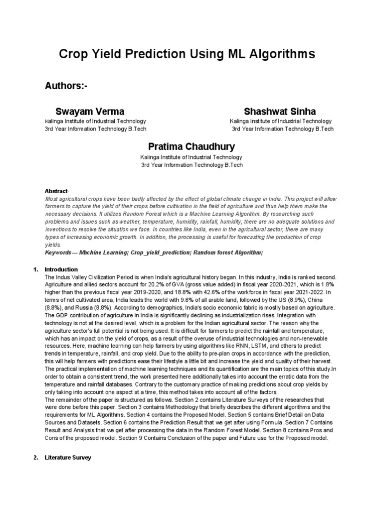 Crop Yield Prediction Using ML Algorithms | PDF | Regression Analysis | Dependent And ...