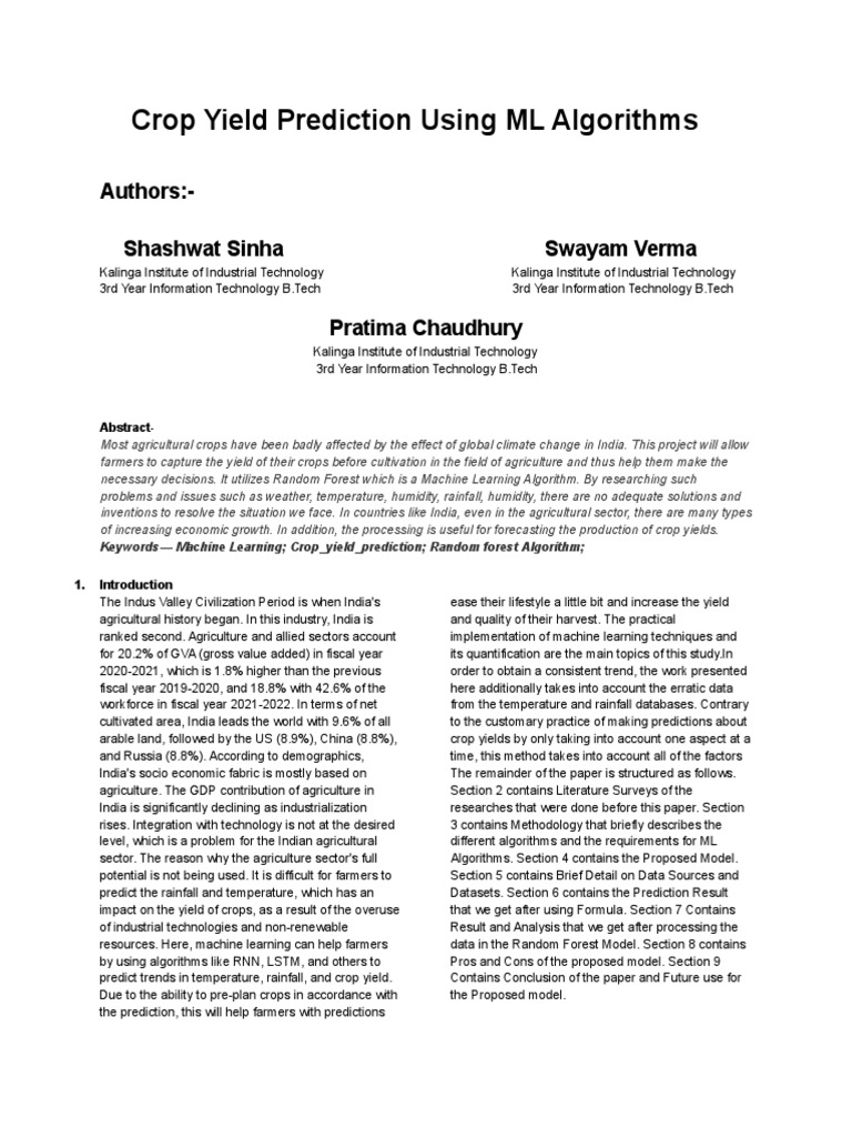 Crop Yield Prediction Using ML Algorithms | PDF | Machine Learning