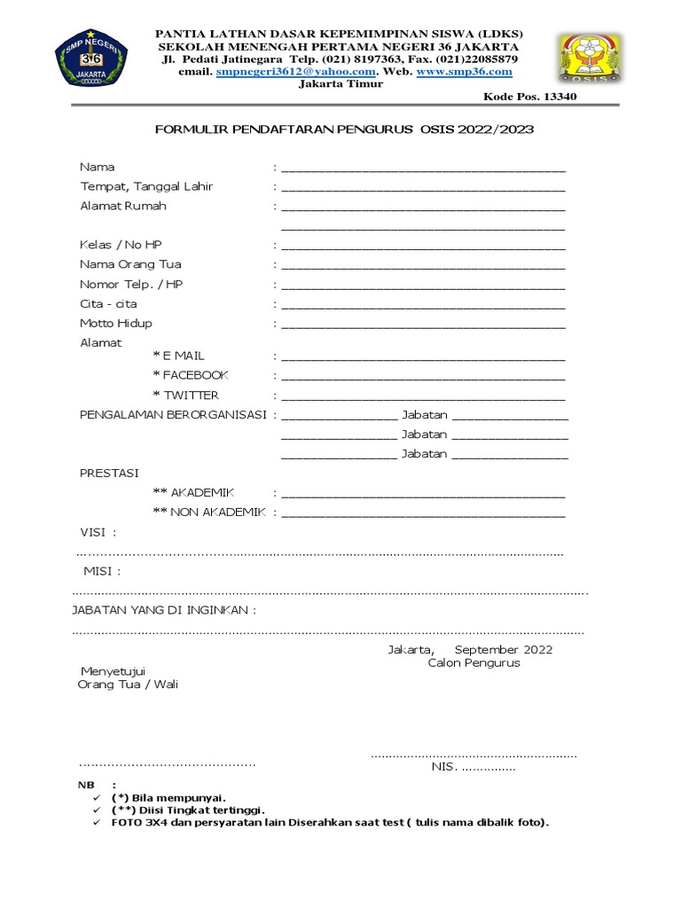 Form Pendaftaran Calon Pengurus Osis | PDF