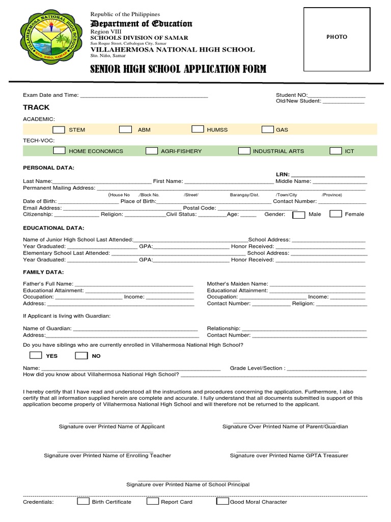Senior High School Application Form | PDF | Social Institutions