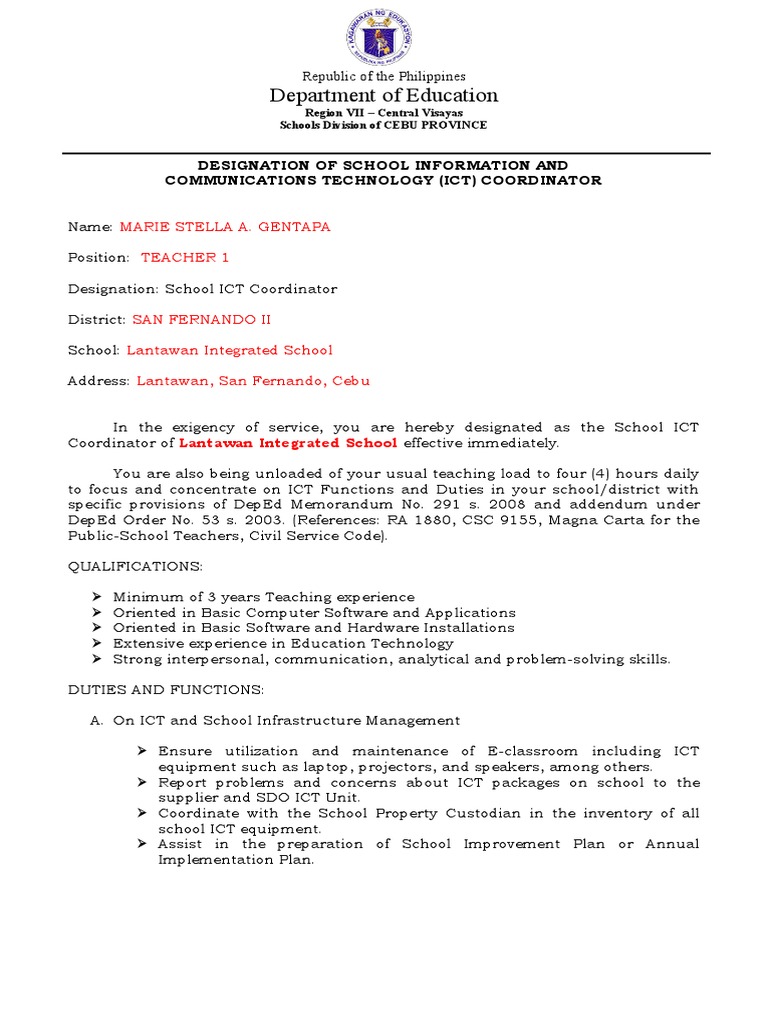 DESIGNATION OF School ICT Coordinator | PDF | Information Technology ...