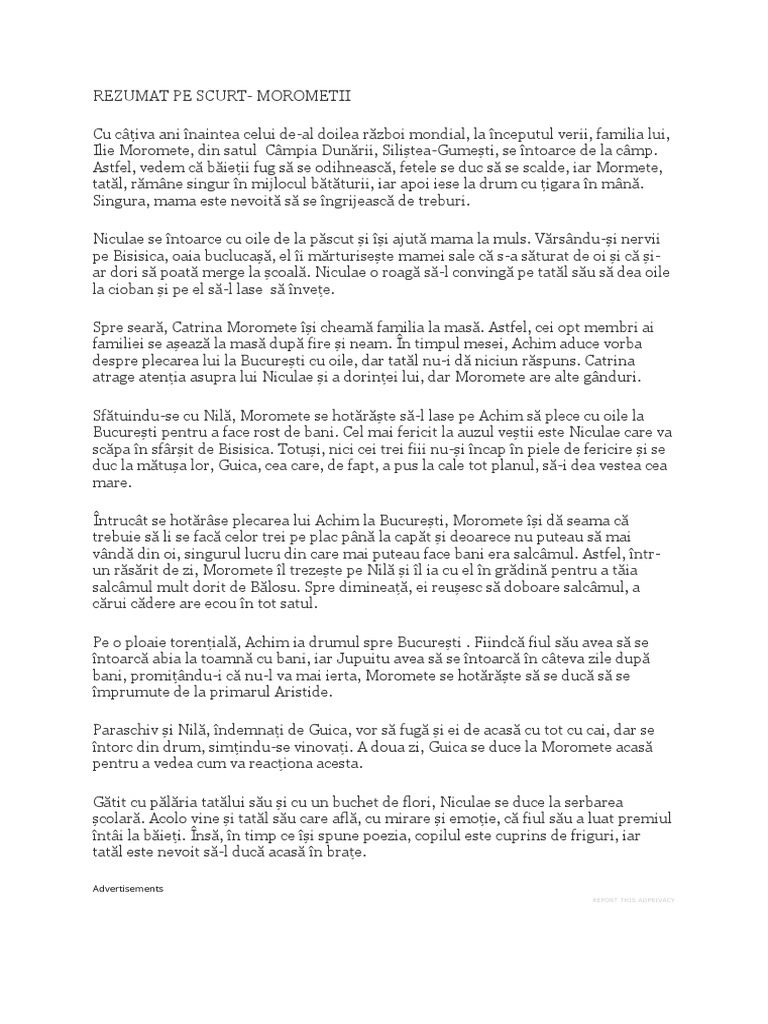 Rezumat Pe Scurt-Morometii | PDF