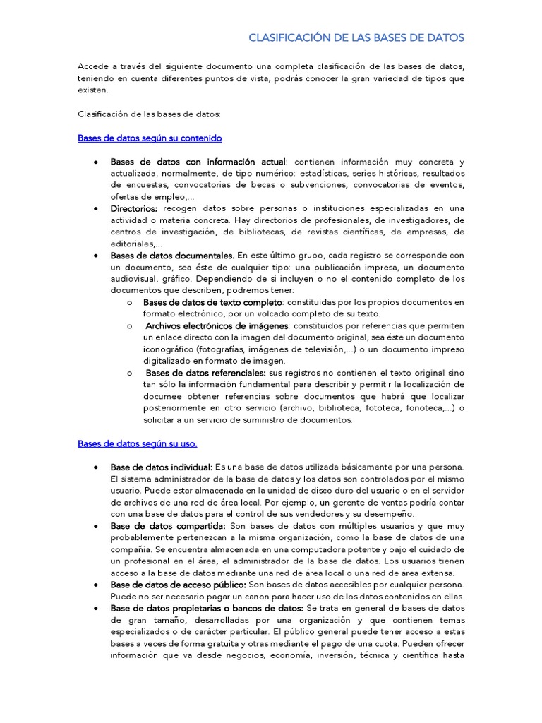Clasificacion Bases de Datos | PDF | Bases de datos | Internet