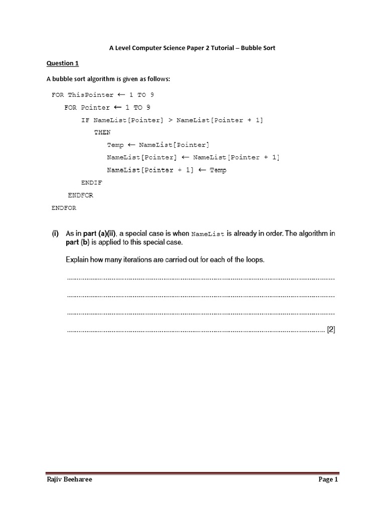A Level CS Paper 2 Bubble Sort Tutorial | PDF