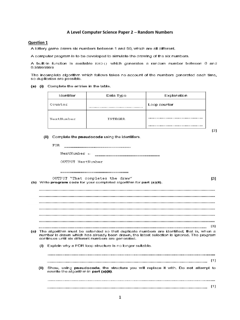 A Level Computer Science Paper 2 - Random Numbers | PDF