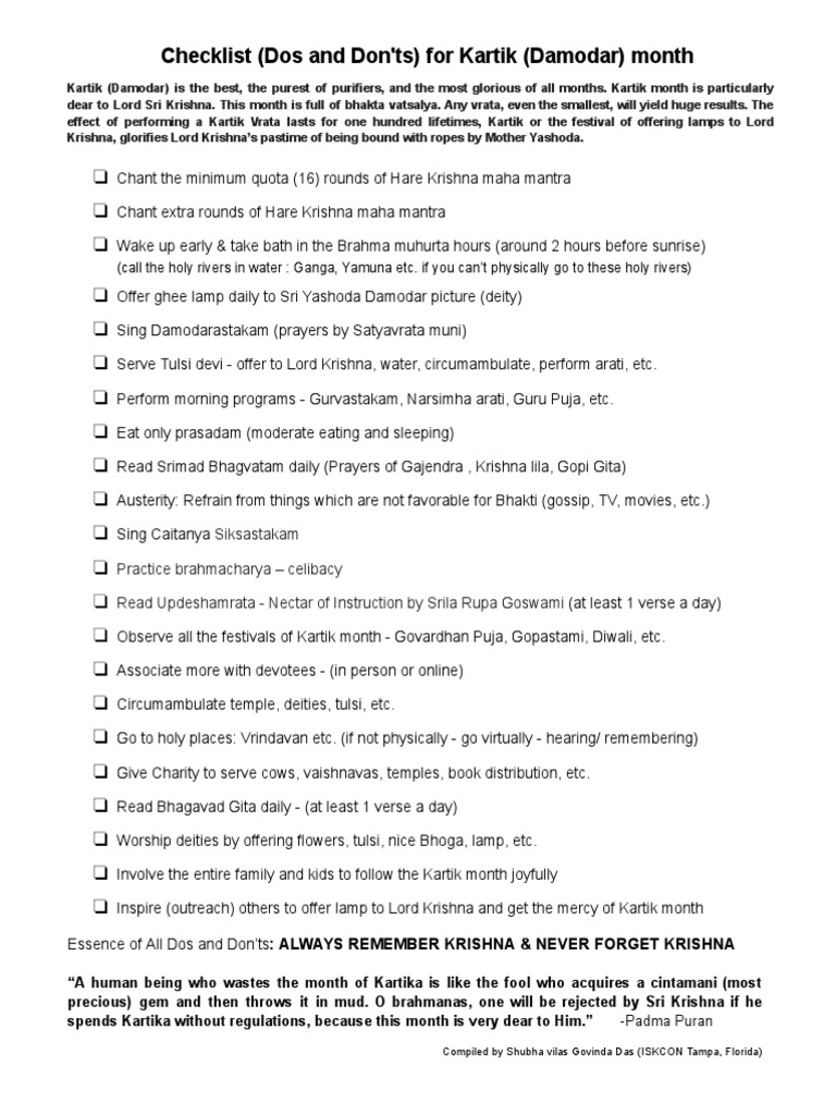 Checklist (Dos and Don'ts) For Kartik (Damodar) Month - SVG D | PDF ...