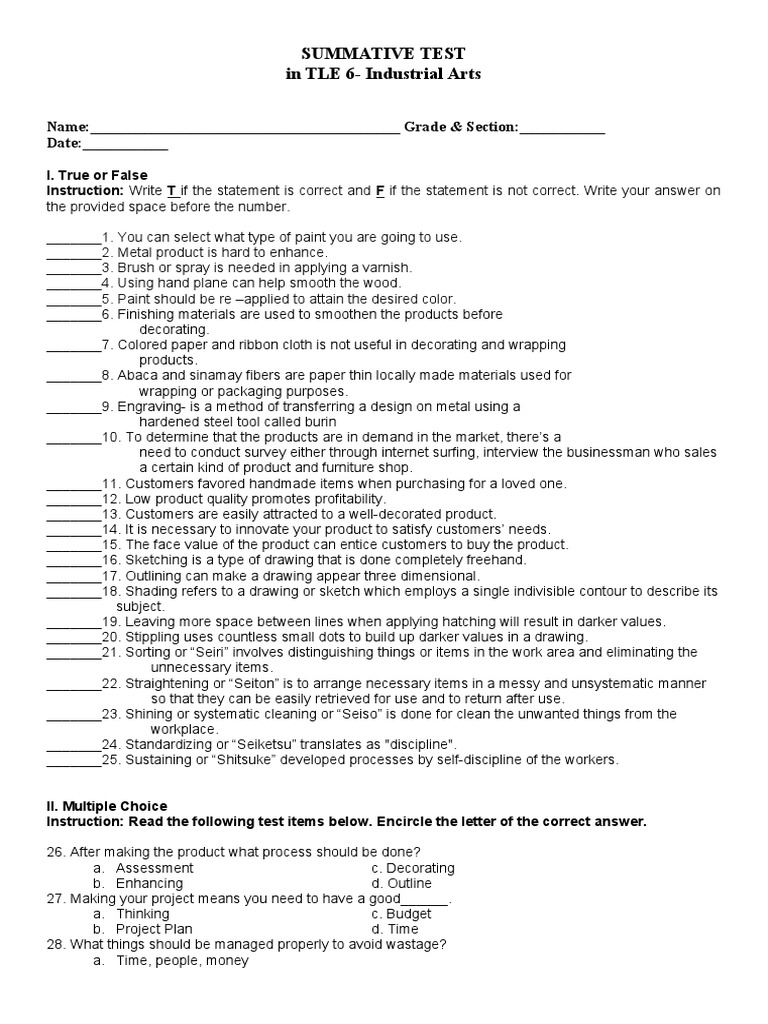 TLE 6-SUMMATIVE TEST - Industrial Arts | PDF | Recycling | Drawing