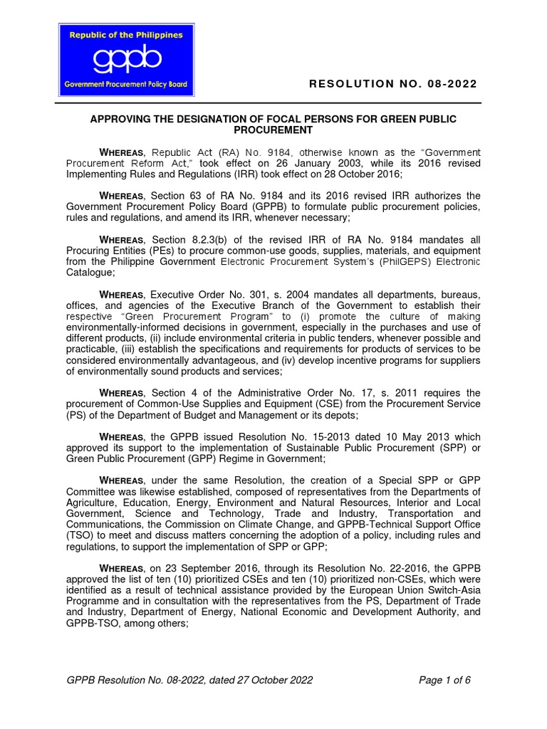 GPPB Reso 08-2022 - Designation of Focal Persons For GPP - SGD | PDF | Procurement | Economies