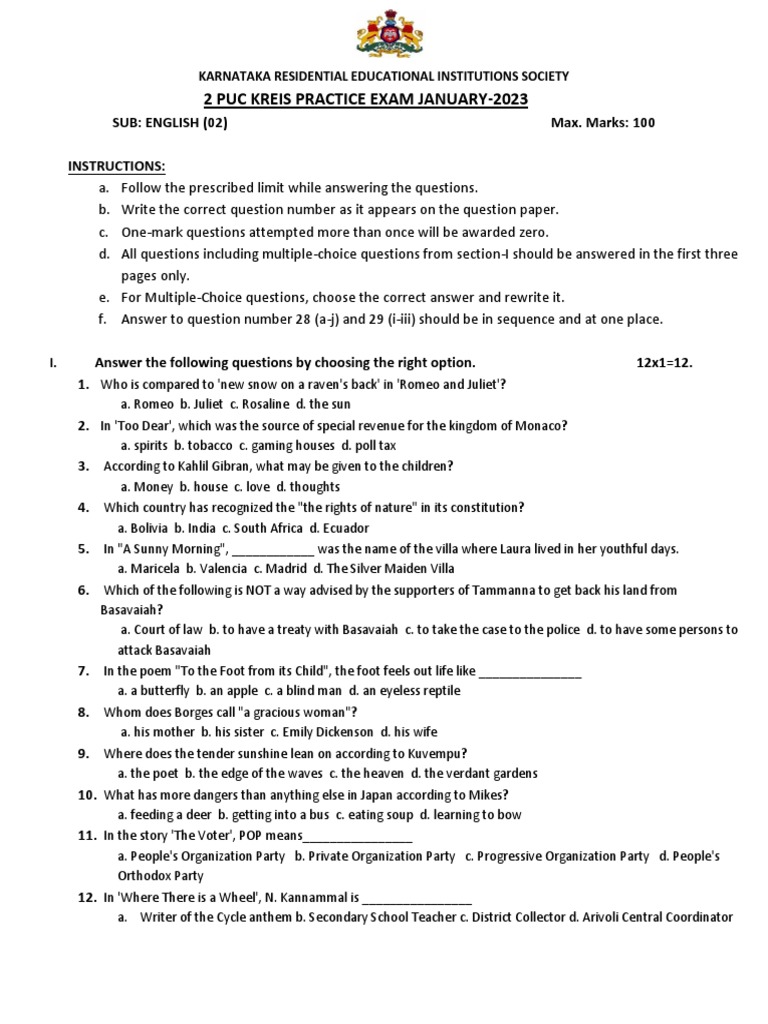 Second Puc English Kpe-1 2023 QP | PDF