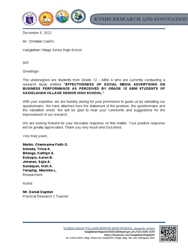 PR2 Group 3 Validation Letter Sir Casiño | PDF | Social Media | Popular ...