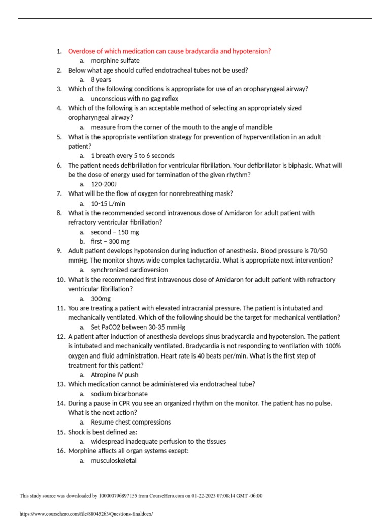 Questions Final | PDF | Cardiopulmonary Resuscitation | Cardiac Arrest