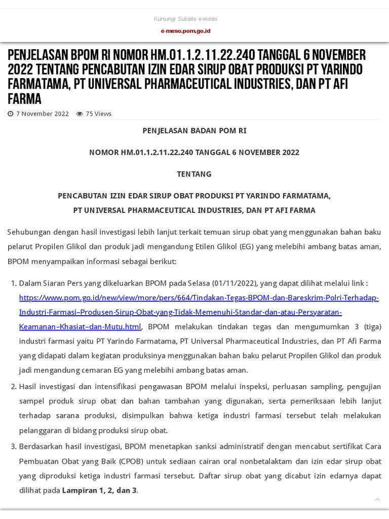 Penjelasan Bpom Ri Nomor HM.01.1.2.11.22.240 Tanggal 6 November 2022 ...