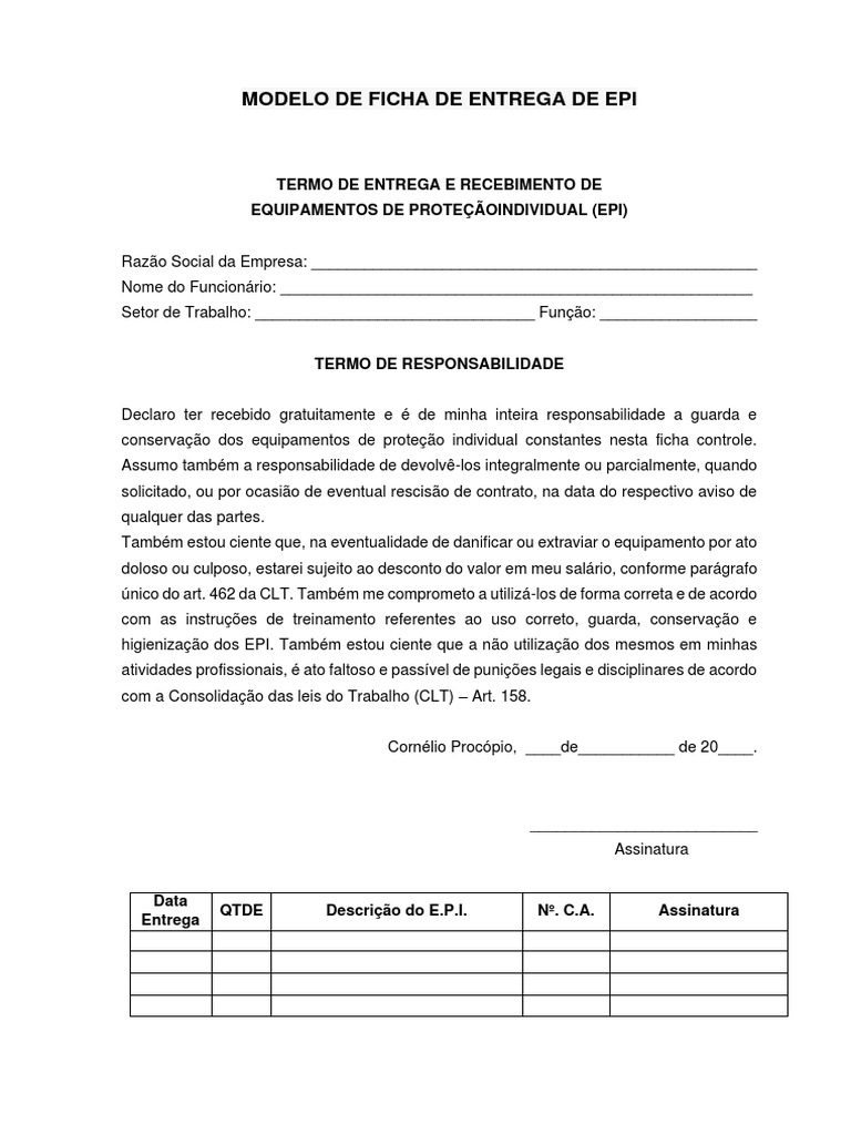 Modelo ficha entrega EPI | PDF