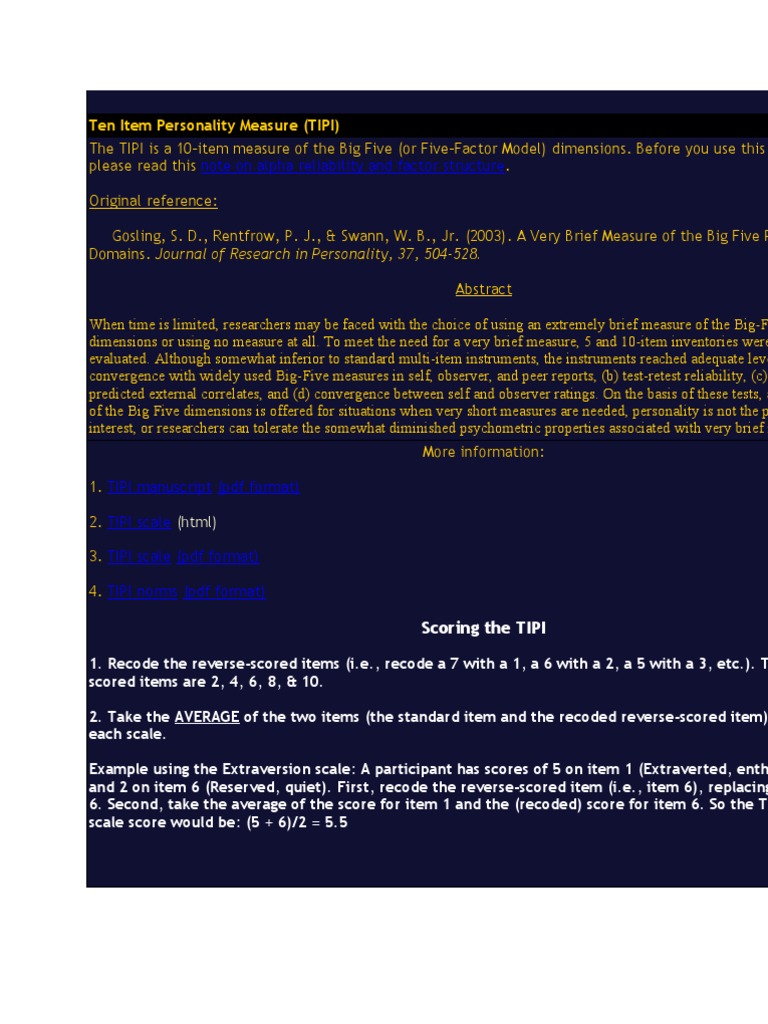 TIPI: Ten-Item Personality Inventory | PDF | Validity (Statistics ...