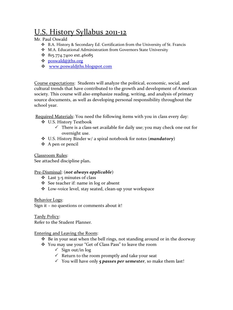 Us History Syllabus | PDF