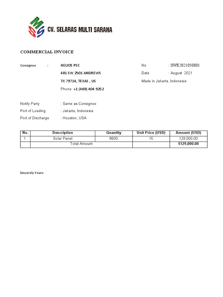 Solar Panel Invoice August 2021 | PDF