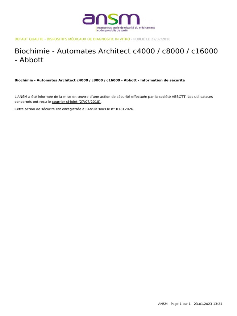 Biochimie Automates Architect c4000 c8000 c16000 Abbott | PDF