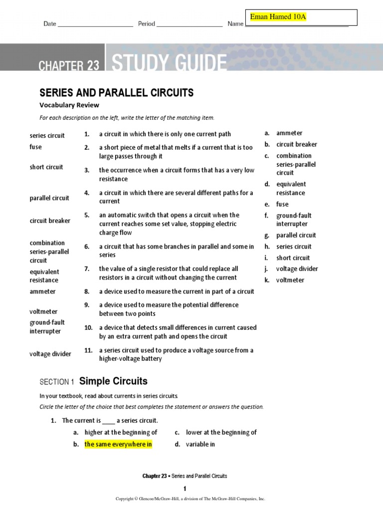 Study Guide Series and Parallel Circuits Student Editable - Eman 10A ...