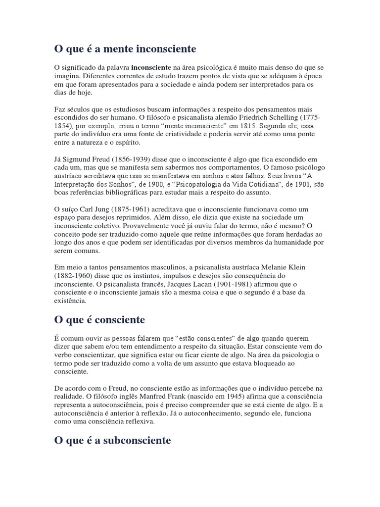 O Que É A Mente Inconsciente | PDF | Mente inconsciente | Psicanálise