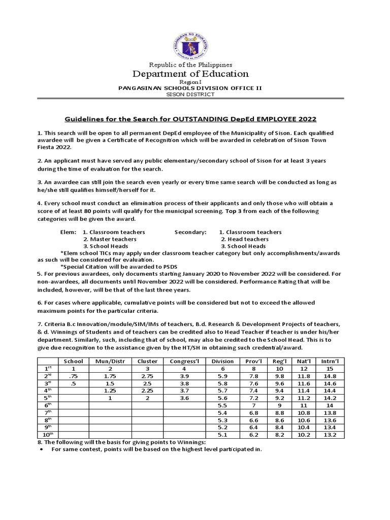 Guidelines For The Search For Outstanding Deped Employee - Sison | PDF ...