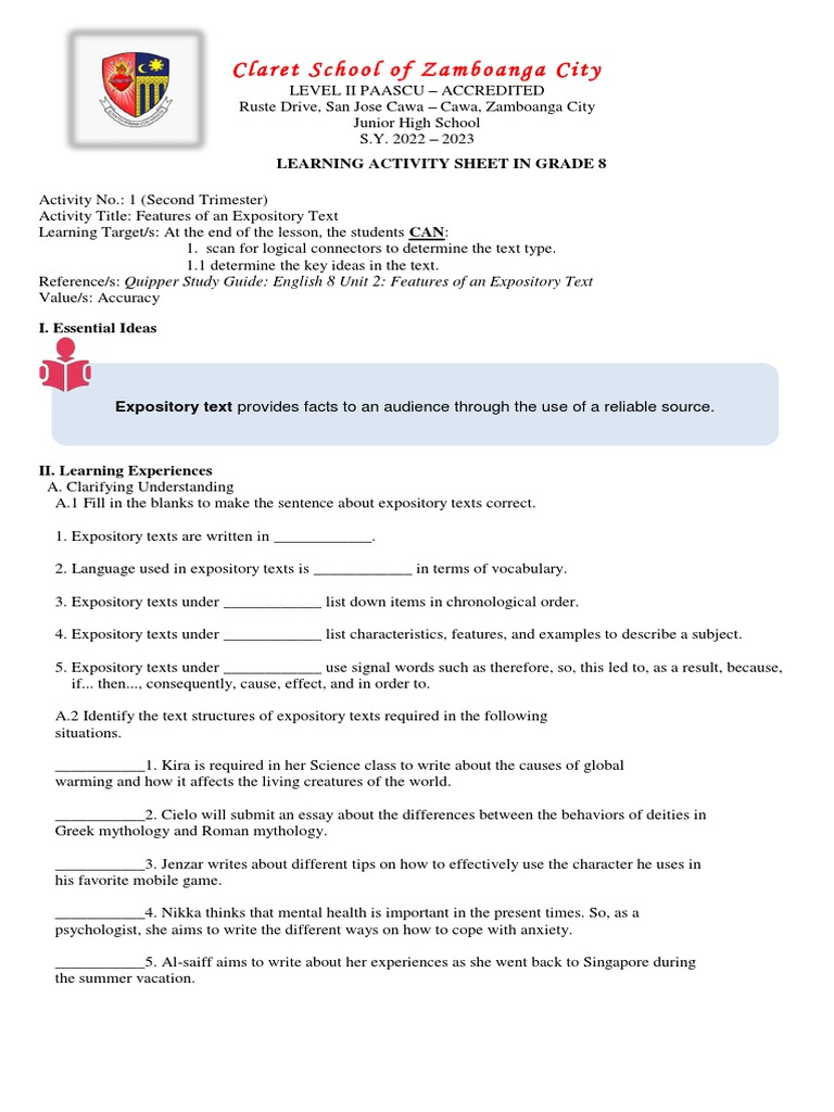 Expository Text Learning Activities | PDF | Experience | Learning