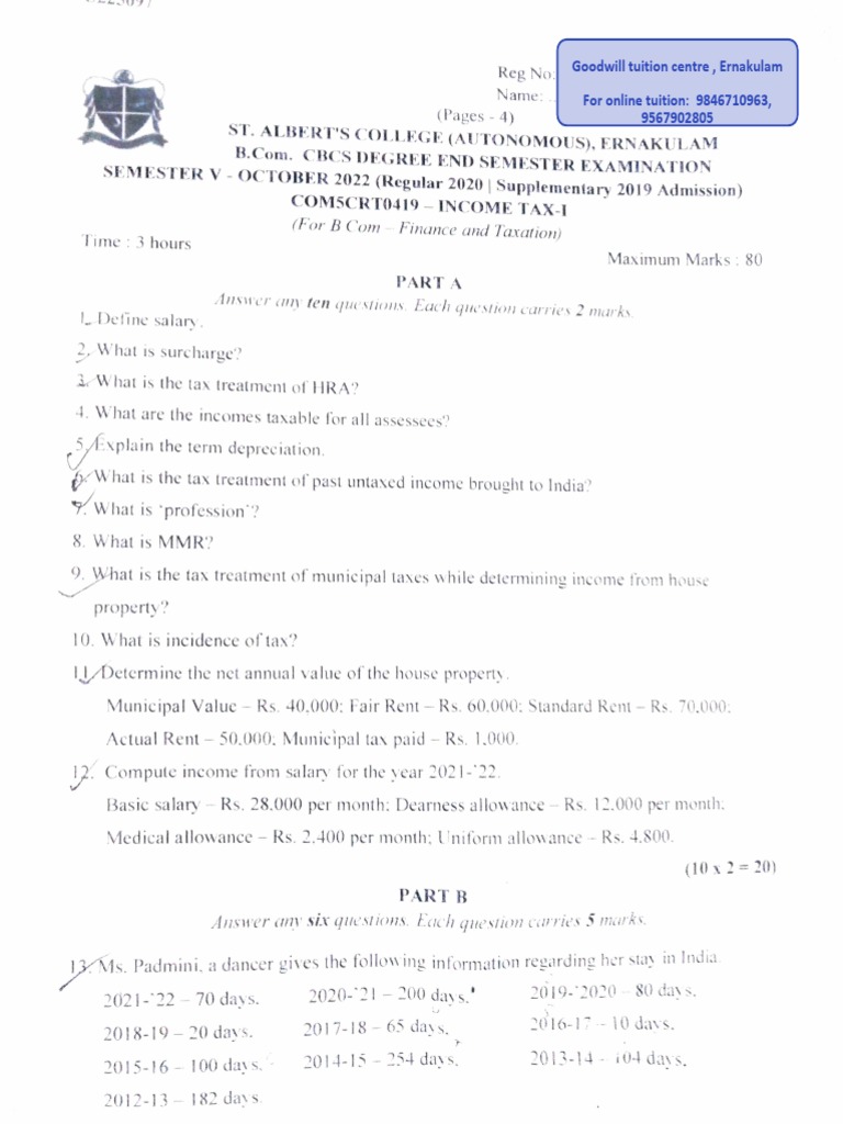 Income Tax 1 B.com St. Alberts College Mgu 5th Semester Question Paper ...